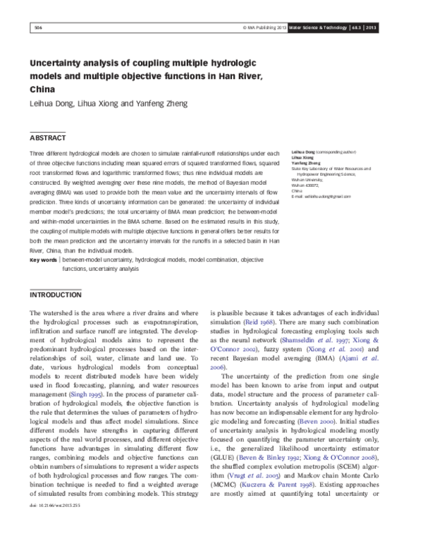 (PDF) Uncertainty analysis of coupling multiple hydrologic models and multiple objective ...