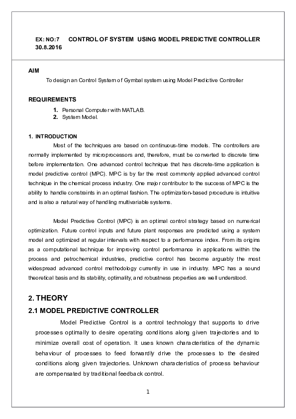 (DOC) CONTROL OF SYSTEM USING MODEL PREDICTIVE CONTROLLER