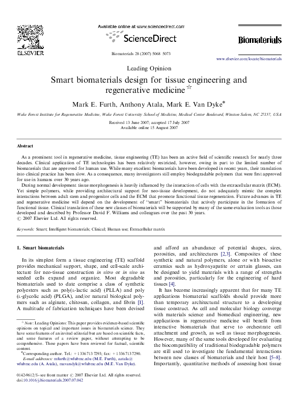 (PDF) Smart biomaterials design for tissue engineering and regenerative medicine
