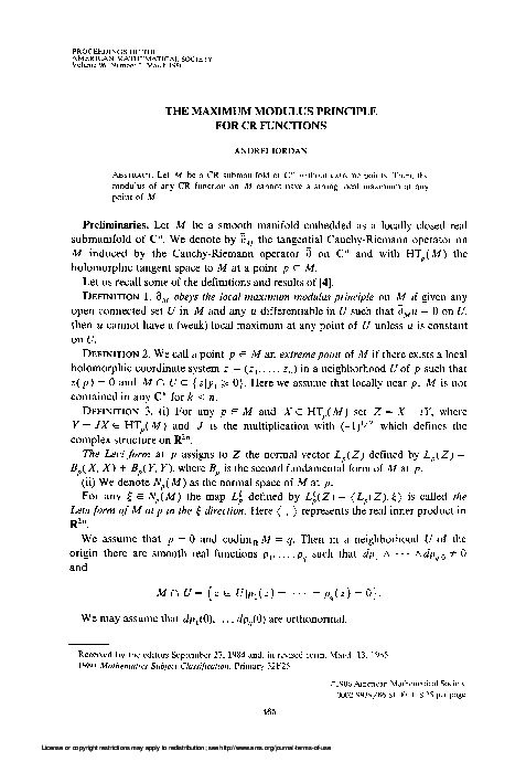 Pdf The Maximum Modulus Principle For Cr Functions