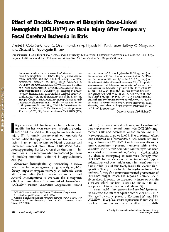 (PDF) Effect of Oncotic Pressure of Diaspirin Cross-Linked Hemoglobin (DCLHb Trademark) on Brain ...