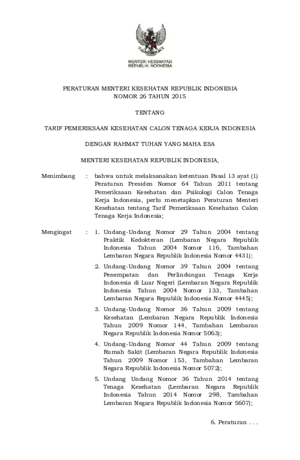 (PDF) Permenkes No. 26 ttg Tarif Pemeriksaan Kesehatan CTKI