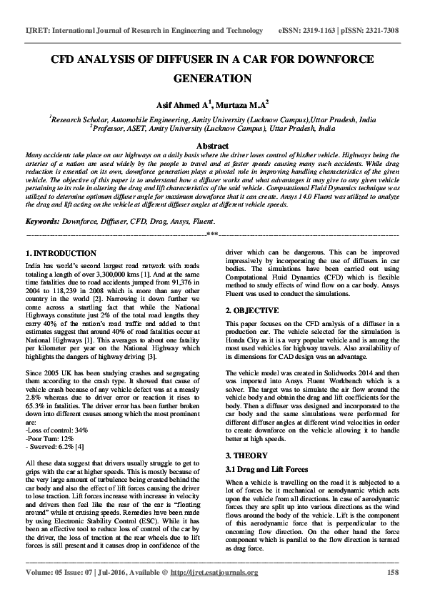 (PDF) CFD ANALYSIS OF DIFFUSER IN A CAR FOR DOWNFORCE GENERATION