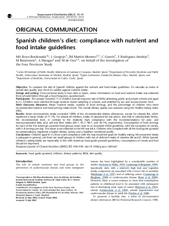 (PDF) Spanish children's diet: compliance with nutrient and food intake ...