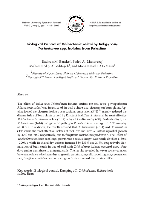 Pdf Biological Control Of Rhizoctonia Solani By Indigenous Trichoderma Spp Isolates From
