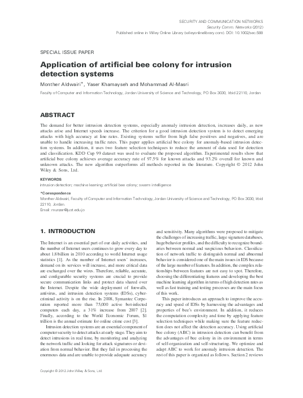 (PDF) Application of artificial bee colony for intrusion detection systems