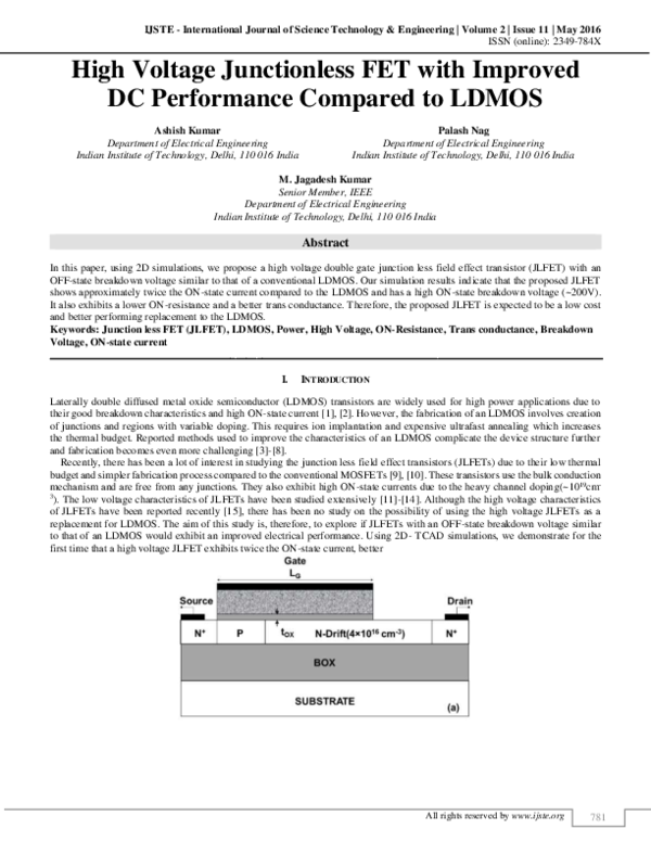 (PDF) High Voltage Junctionless FET with Improved DC Performance Compared to LDMOS