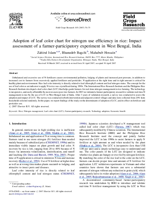 (PDF) Adoption of leaf color chart for nitrogen use efficiency in rice ...