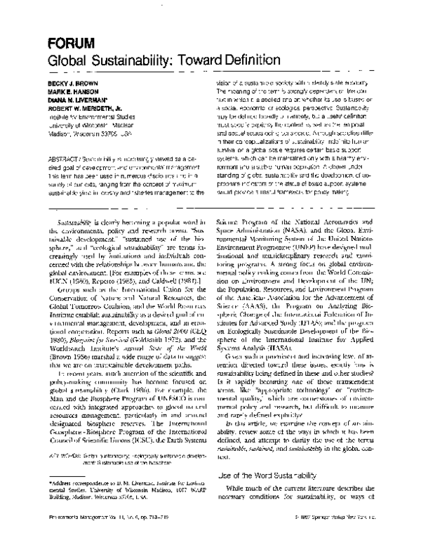 (PDF) Global sustainability: Toward definition