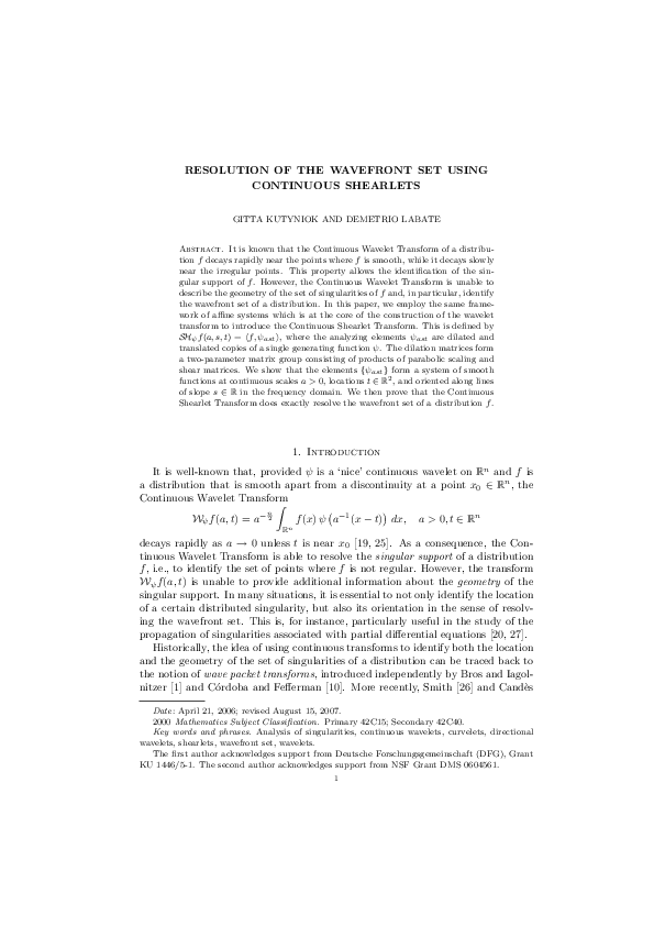 (PDF) Resolution of the wavefront set using continuous shearlets