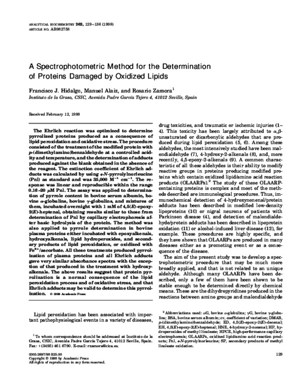 (PDF) A Spectrophotometric Method for the Determination of Proteins Damaged by Oxidized Lipids