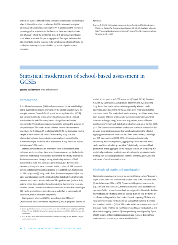 (PDF) Statistical moderation of school-based assessment in GCSEs