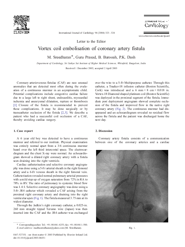 (PDF) Vortex coil embolisation of coronary artery fistula