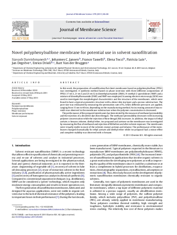 (PDF) Novel polyphenylsulfone membrane for potential use in solvent nanofiltration