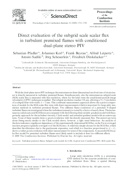 (PDF) Direct evaluation of the subgrid scale scalar flux in turbulent premixed flames with ...
