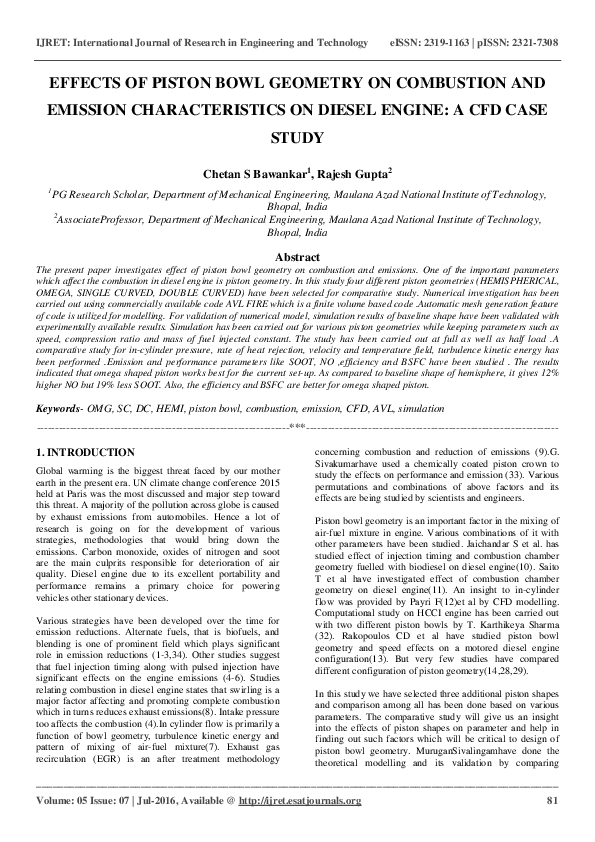 (PDF) EFFECTS OF PISTON BOWL GEOMETRY ON COMBUSTION AND EMISSION ...