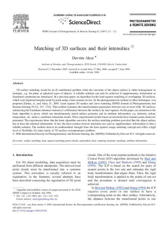 (PDF) Matching of 3D surfaces and their intensities
