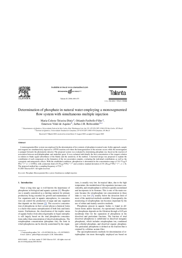 Pdf Determination Of Phosphate In Natural Water Employing A Monosegmented Flow System With