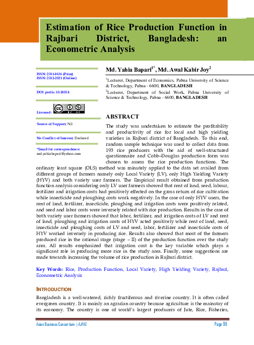 (PDF) Estimation of Rice Production Function in Rajbari District, Bangladesh: An Econometric ...