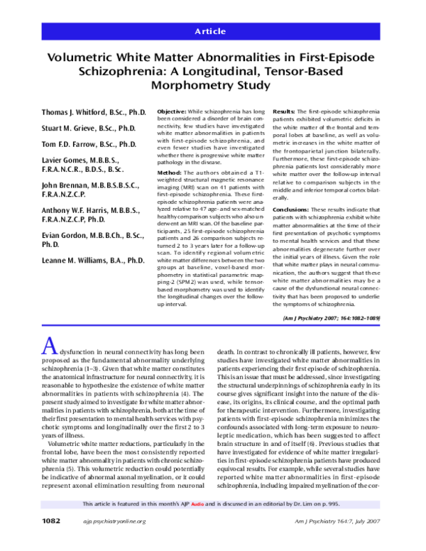(PDF) Volumetric White Matter Abnormalities in First-Episode Schizophrenia: A Longitudinal ...