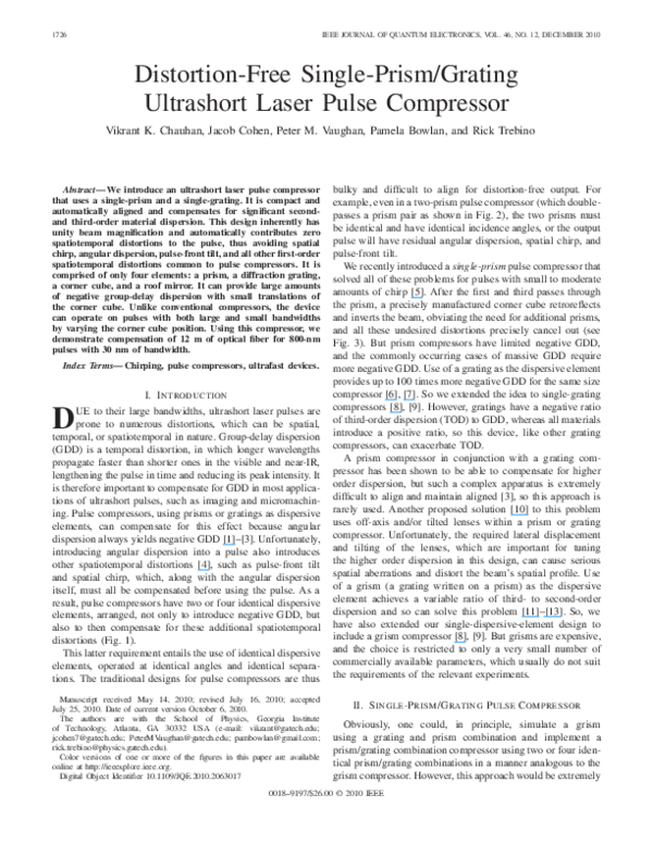 Pdf Distortion Free Single Prism Grating Ultrashort Laser Pulse Compressor