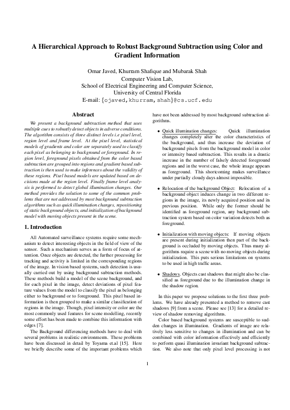 (PDF) A hierarchical approach to robust background subtraction using ...
