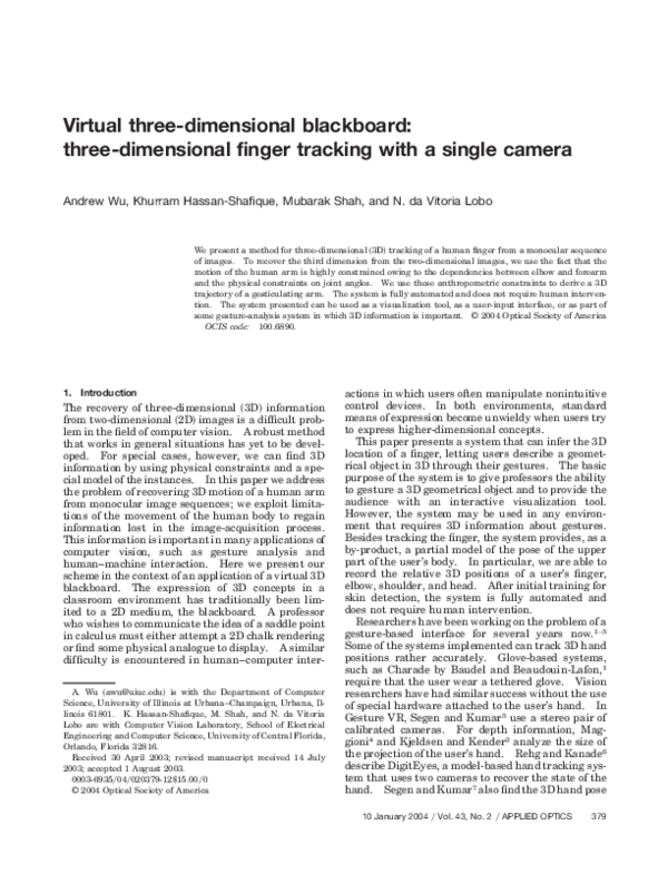 (PDF) Virtual Three-Dimensional Blackboard: Three-Dimensional Finger Tracking with a Single Camera