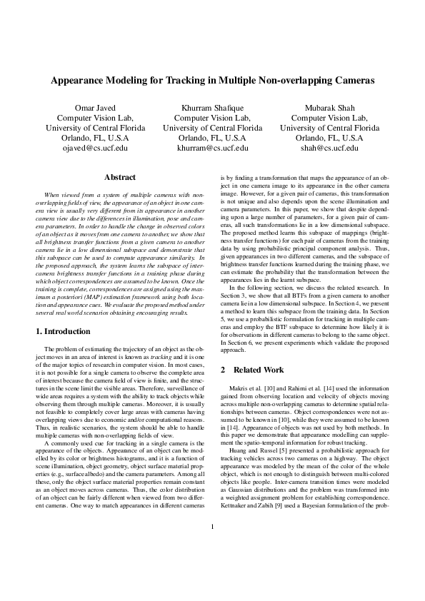 (PDF) Appearance Modeling for Tracking in Multiple Non-Overlapping Cameras