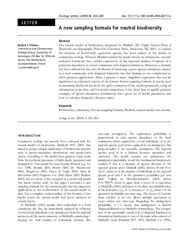 (PDF) A new sampling formula for neutral biodiversity: A new sampling ...