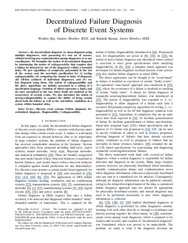 (PDF) Decentralized Failure Diagnosis of Discrete Event Systems