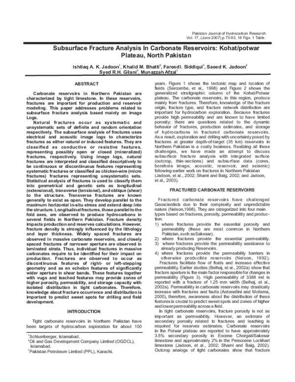 Pdf Subsurface Fracture Analysis In Carbonate Reservoirs Kohat Potwar Plateau North Pakistan