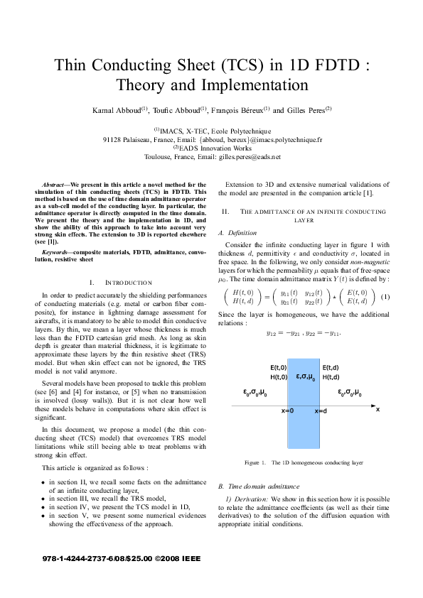 (PDF) Thin conducting sheet (TCS) in 1D FDTD : Theory and implementation