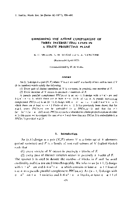 (PDF) Embedding the affine complement of three intersecting lines in a finite projective plane ...