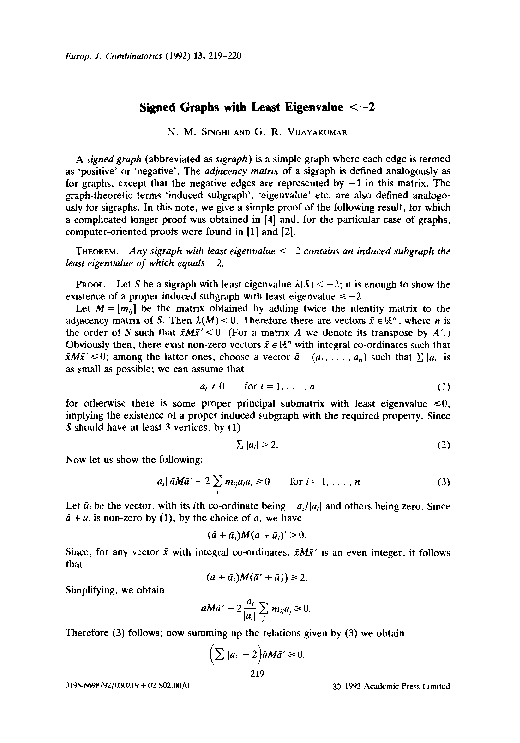 (PDF) Signed graphs with least eigenvalue
