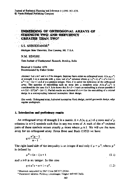 Pdf Embedding Of Orthogonal Arrays Of Strength Two And Deficiency