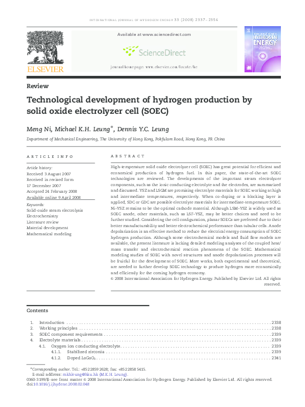 (PDF) Technological development of hydrogen production by solid oxide ...