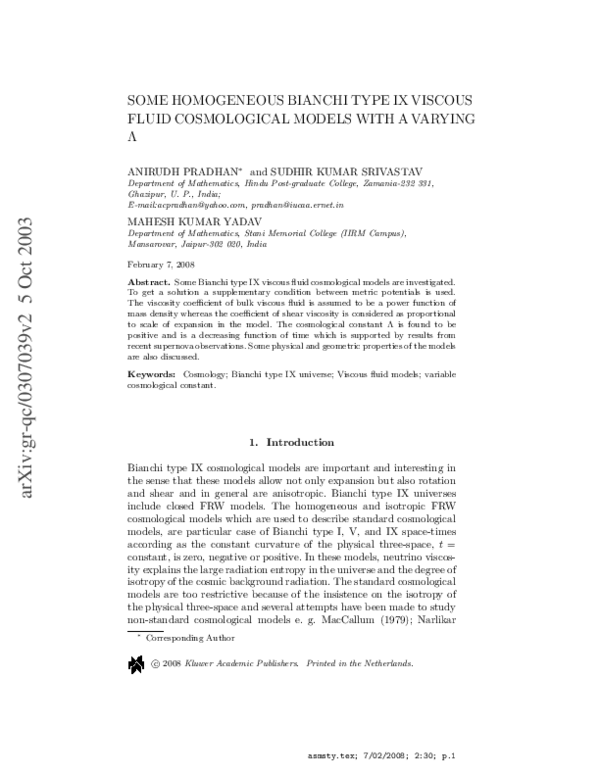 (PDF) Some Homogeneous Bianchi type IX Viscous Fluid Cosmological Models with a Varying Lambda