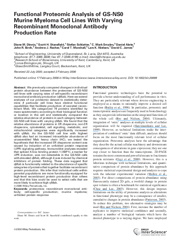 (PDF) Functional proteomic analysis of GS-NS0 murine myeloma cell lines ...