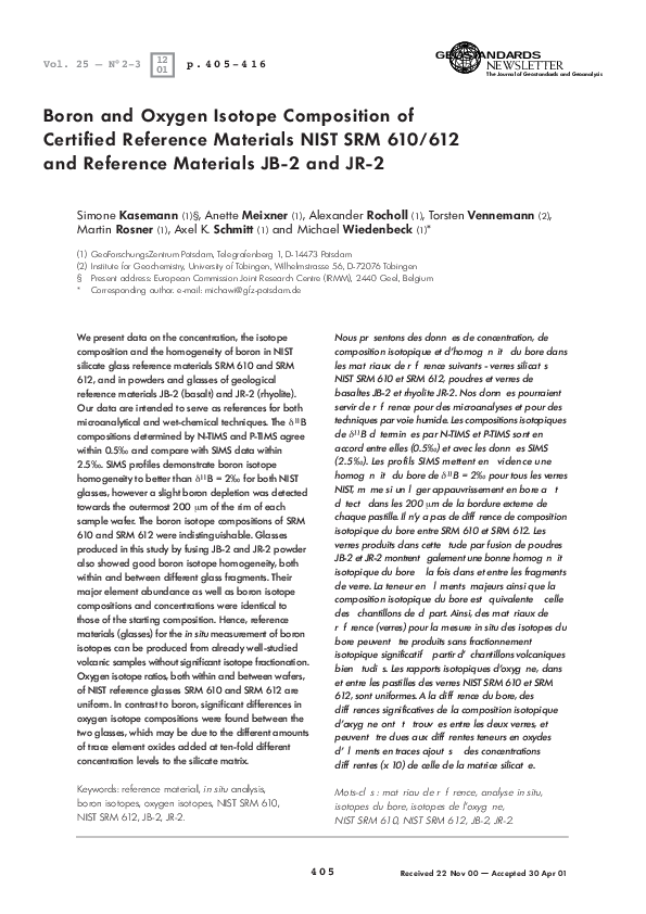 (PDF) Boron and Oxygen Isotope Composition of Certified Reference Materials NIST SRM 610/612 and ...