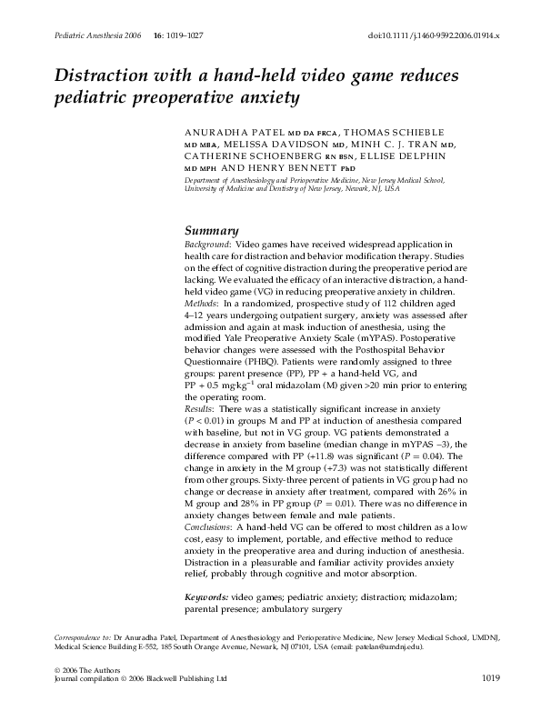 (PDF) Distraction with a hand-held video game reduces pediatric ...