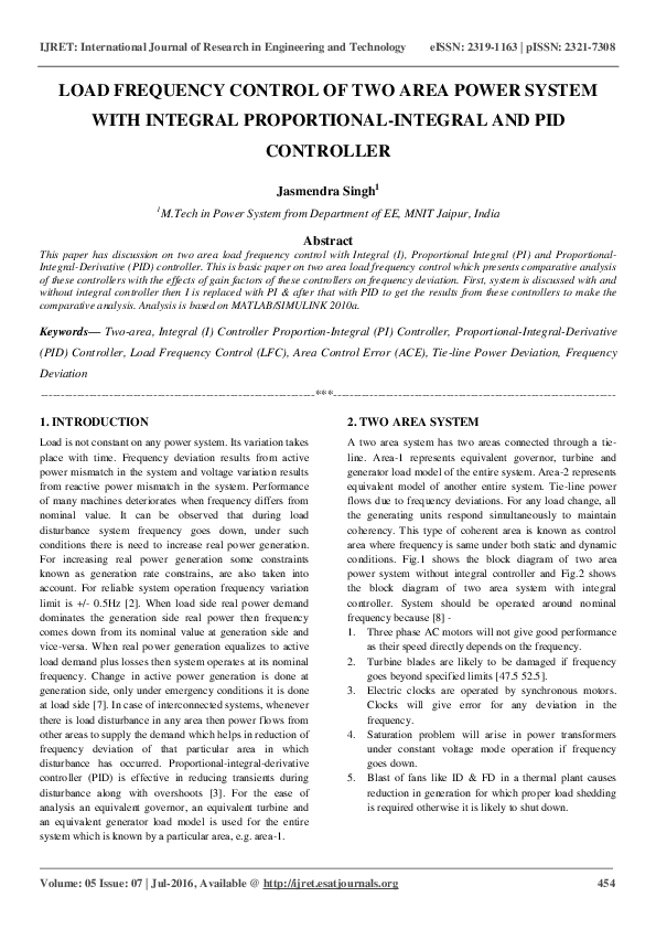 Pdf Load Frequency Control Of Two Area Power System With Integral