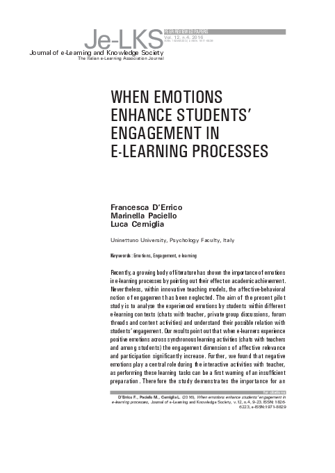 (PDF) WHEN EMOTIONS ENHANCE STUDENTS' ENGAGEMENT IN E-LEARNING PROCESSES