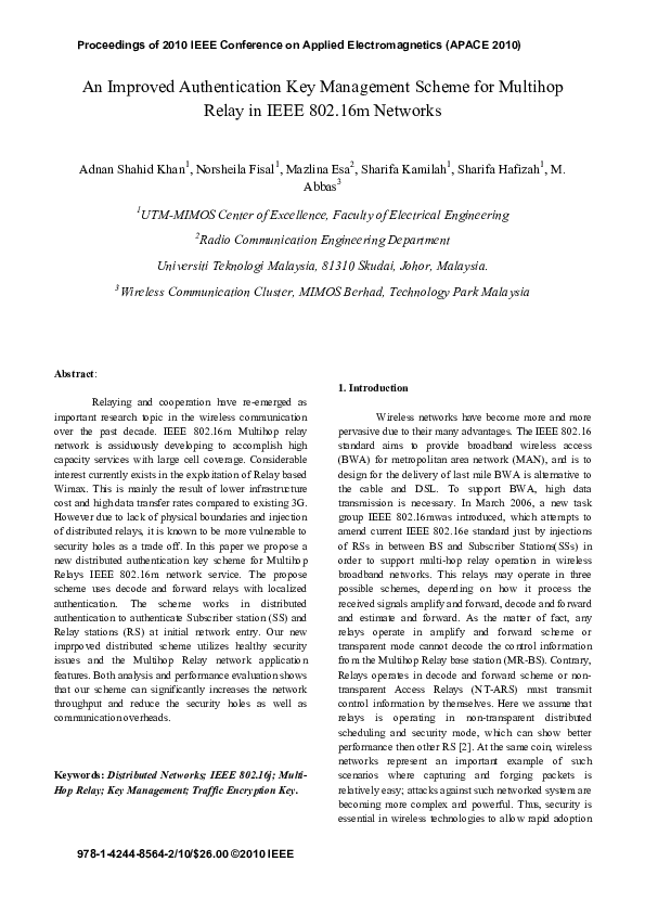 Pdf An Improved Authentication Key Management Scheme For Multihop Relay In Ieee 80216m Networks