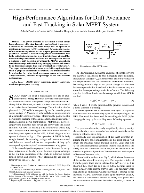 (PDF) High-Performance Algorithms for Drift Avoidance and Fast Tracking in Solar MPPT System