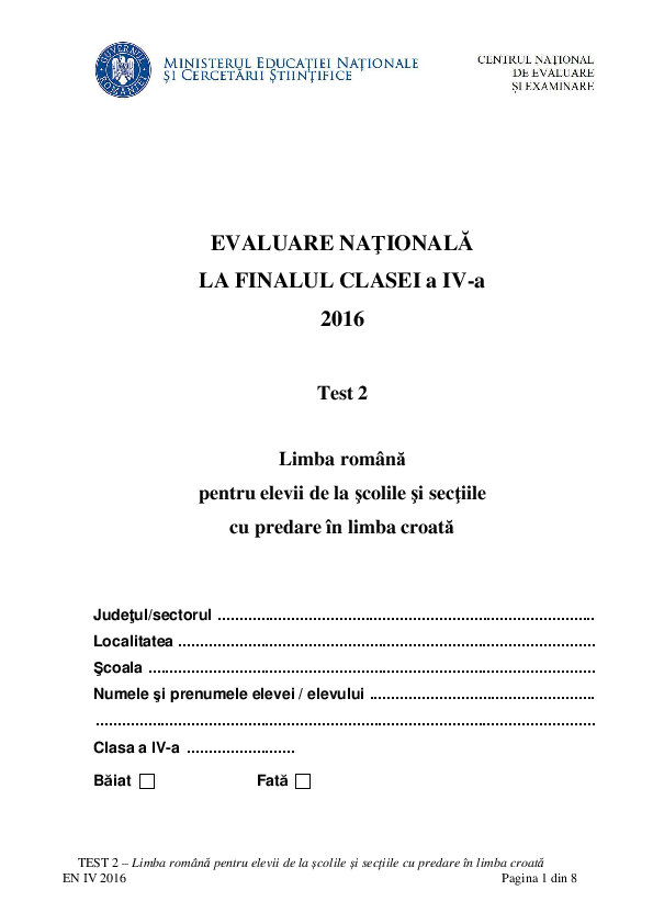 (PDF) EN IV 2016 Limba romana pt minoritatea croata Test