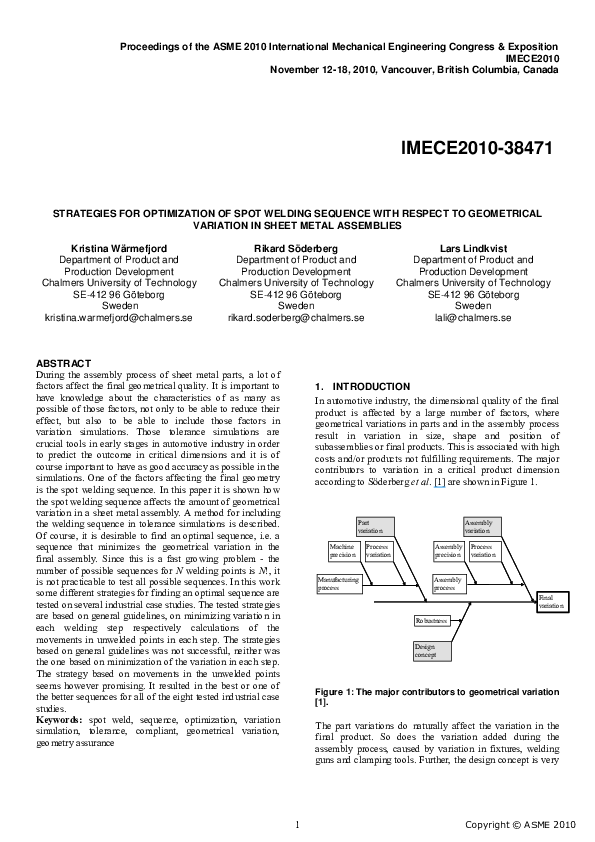 Pdf Strategies For Optimization Of Spot Welding Sequence With Respect To Geometrical Variation