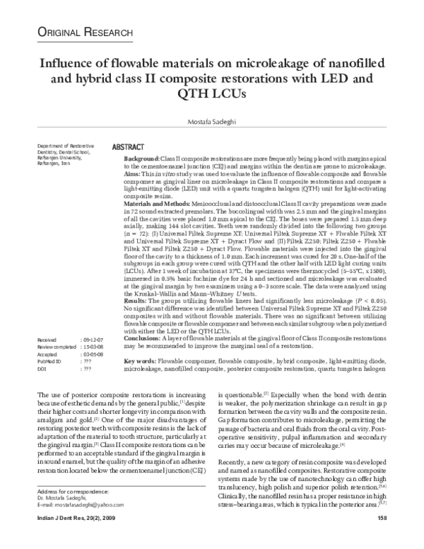 Pdf Influence Of Flowable Materials On Microleakage Of Nanofilled And Hybrid Class Ii