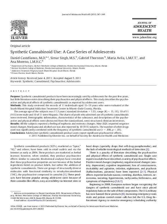 (PDF) Synthetic Cannabinoid Use: A Case Series of Adolescents