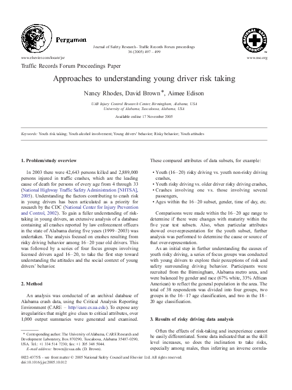 (PDF) Approaches to understanding young driver risk taking