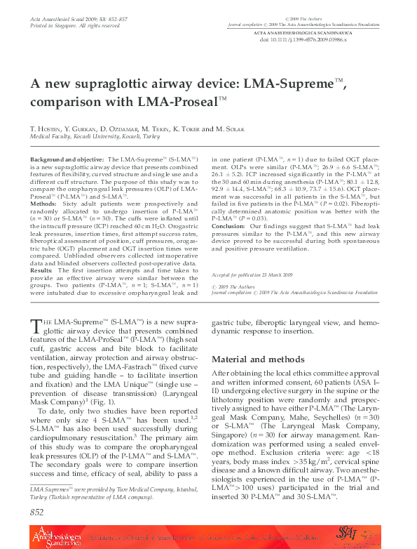 (PDF) A new supraglottic airway device: LMA-Supreme ™ , comparison with ...